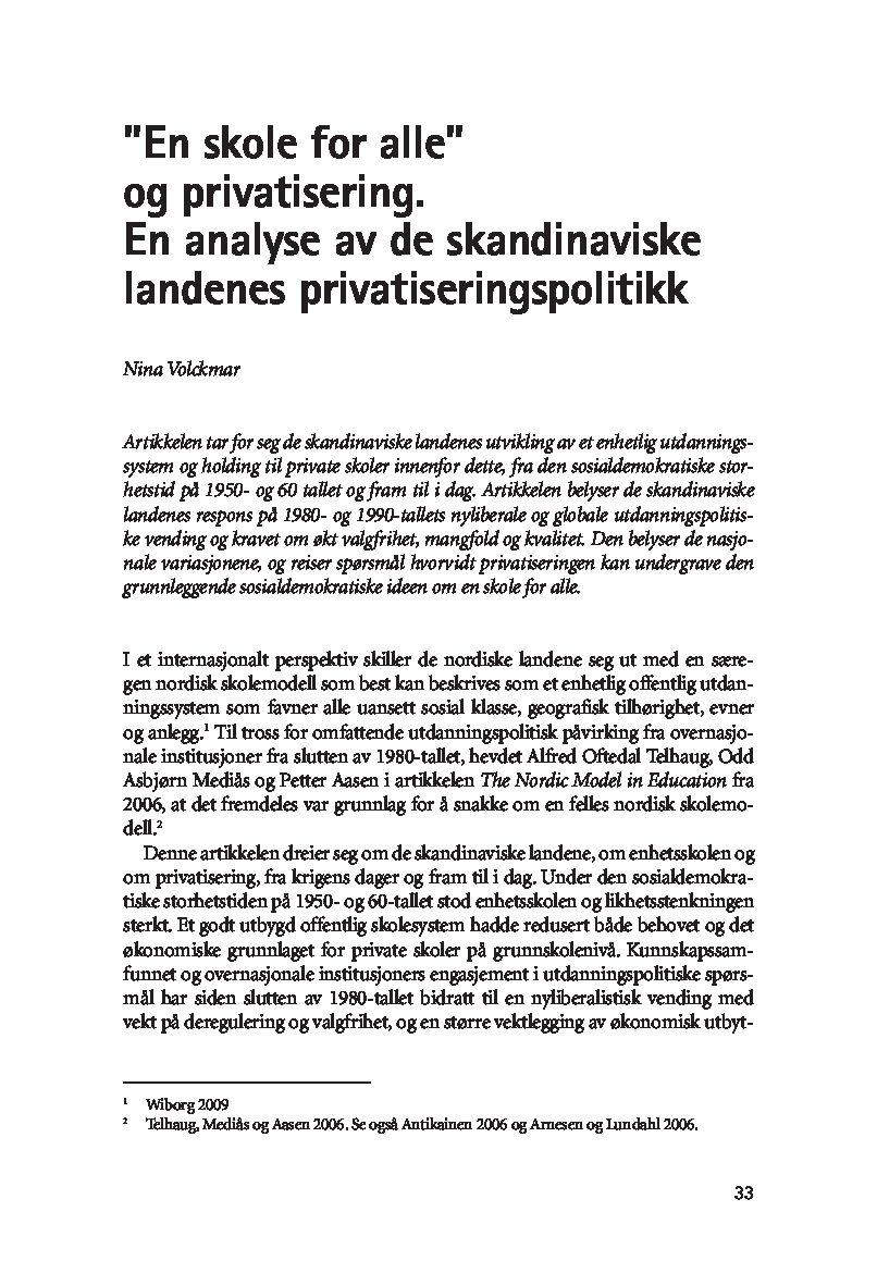 Nina Volckmar: “En skole for alle” og privatisering. En analyse av de skandinaviske landenes ...