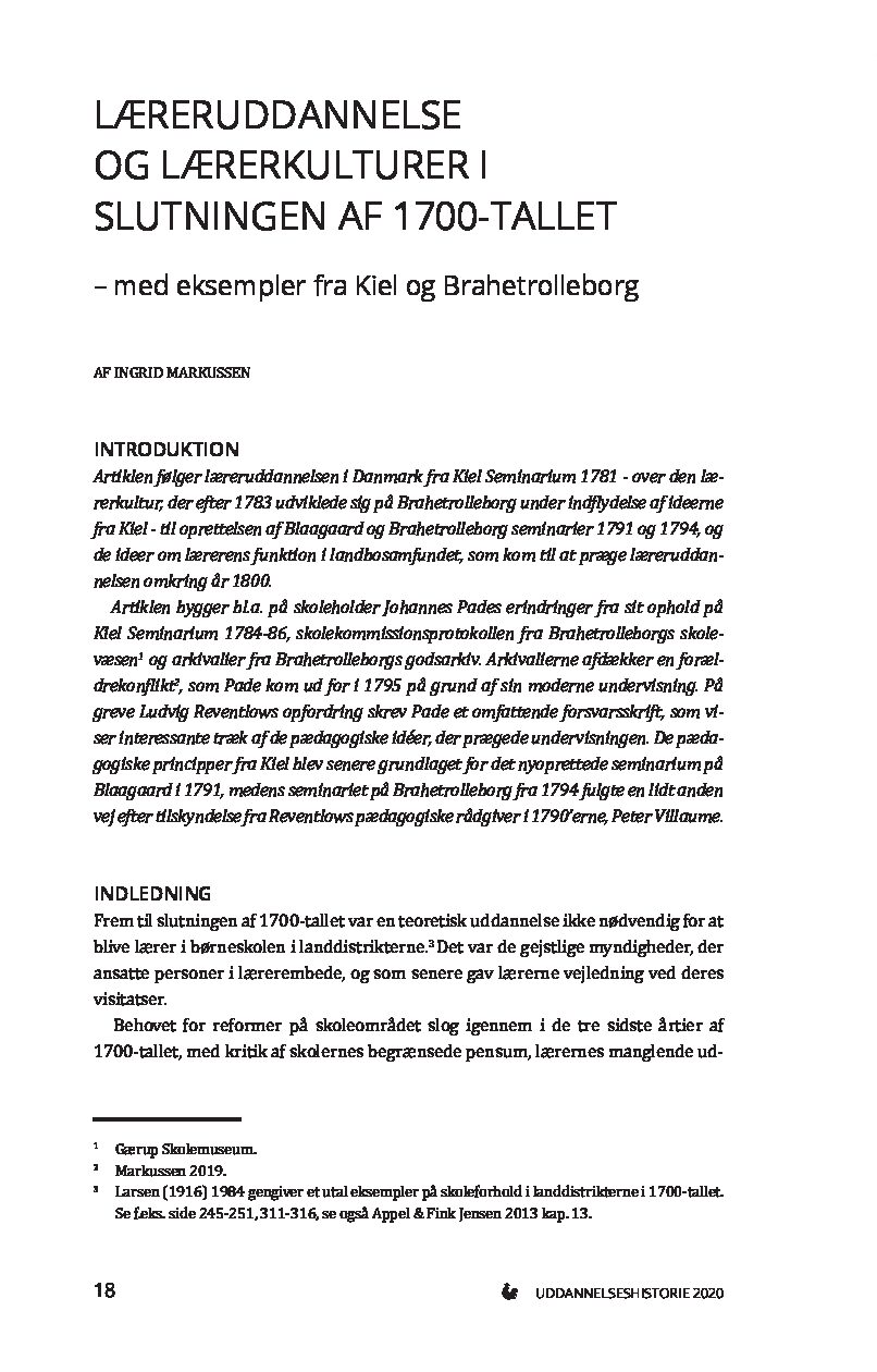 Ingrid Markussen: Læreruddannelse og lærerkulturer i slutningen af 1700-tallet – med eksempler ...